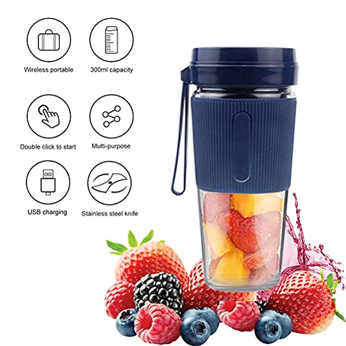 Ecoledix, Portable Blender Personal Size Blender Mixer Fruit Juicer Mini Blender Onehanded Drinking with Rechargeable USB for Sorbet Smoothie Fruit Juice Milk Shakes OutsideInside 280ML (Navy)…