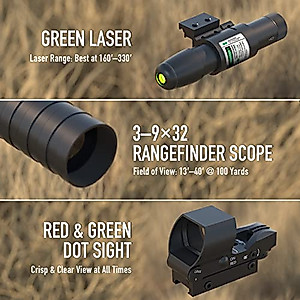 Pinty 4-in-1 Rifle Scope Combo, 3-9x32 Rangefinder Scope, Red & Green Dot Sight, Green Laser, 14 Slots Riser