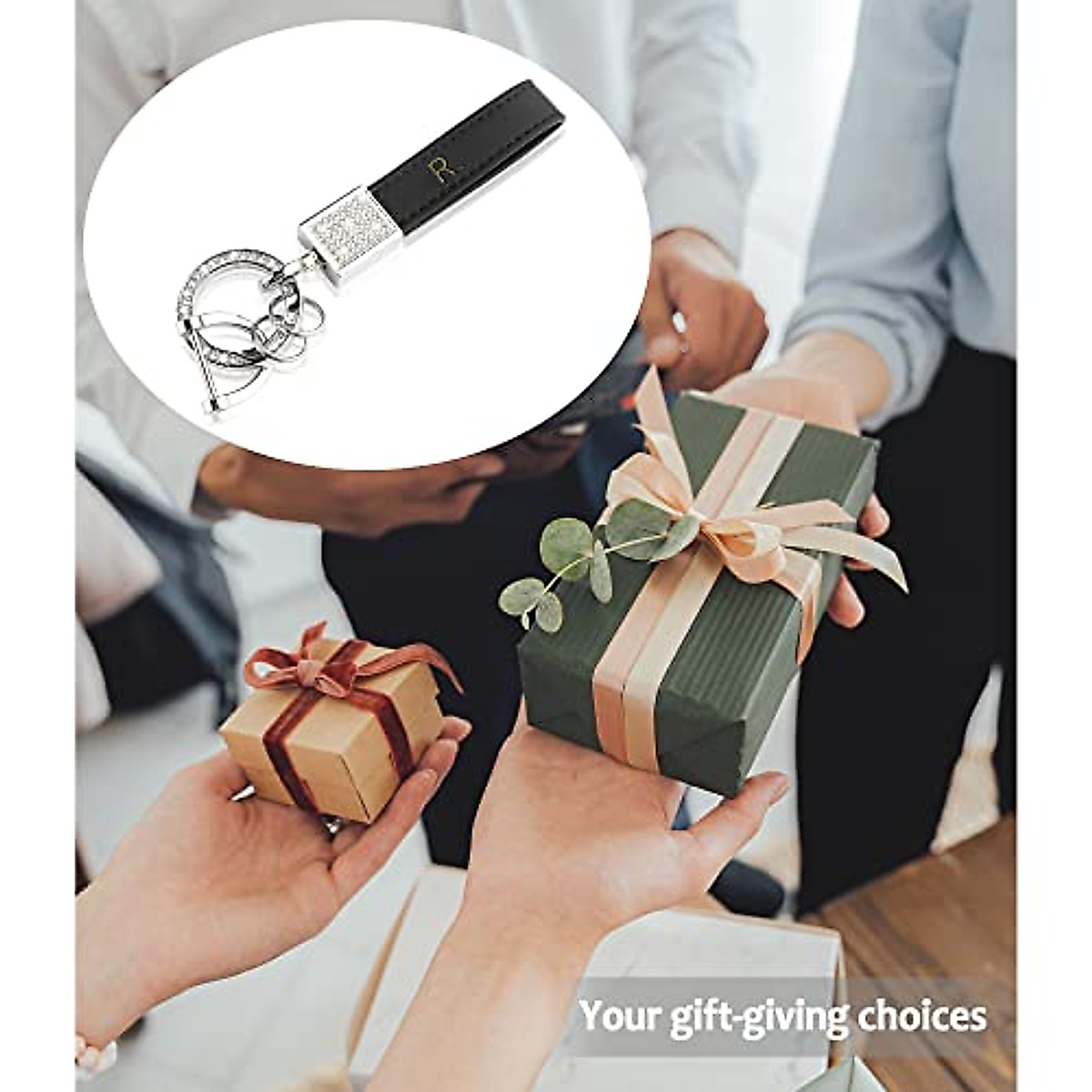 Leather Keychain Bling Keychain for Women Anti-Lost D-Ring Car Keychain Fashion Rhinestone Purse Charms for Handbags (Black)