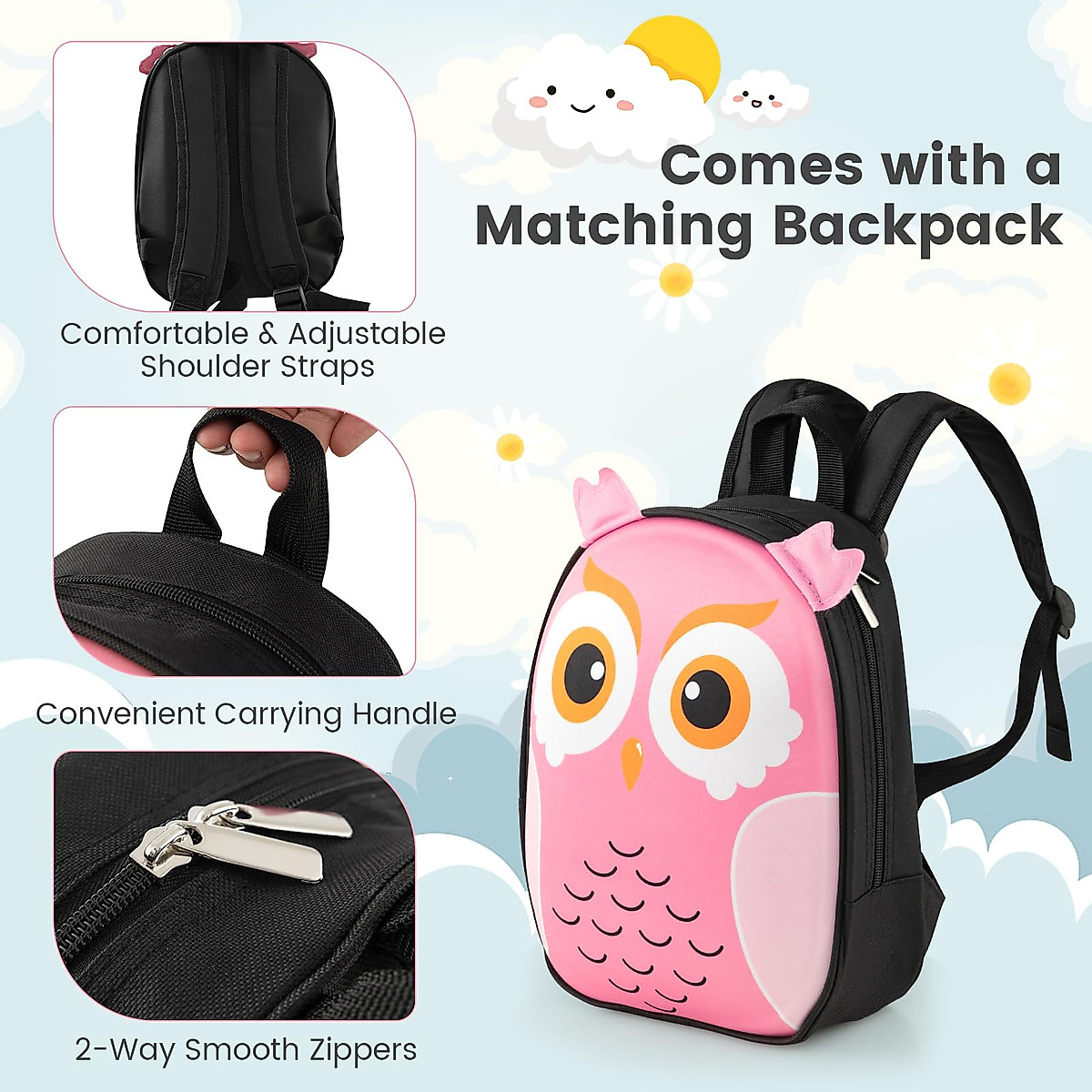 Goplus 2PC Kids Carry On Luggage Set, 16" Rolling Suitcase & 12" Backpack, Airline Approved Travel Trolley Luggage with Wheels for Toddlers Children Girls Boys (Owl)