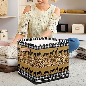 Mardesigns Leopard Print Animal 13 x 13 x 13 Inch Cube Storage Bins Bohemian Fabric Foldable Storage Cubes Basket Boxes with PU Handles for Shelves Closet Bedroom Organizer Clothes