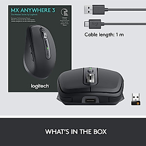 Logitech MX Anywhere 3 Compact Performance Mouse, Wireless, Comfort, Fast Scrolling, Any Surface, Portable, 4000DPI, Customizable Buttons, USB-C, Bluetooth - Graphite (Renewed)