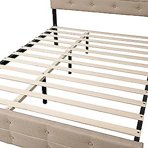 HAUSHECK Queen Size Upholstered Platform Bed with Trundle & Two Drawers - Trundle with 4 Wheels, Wooden Slats Support, Modern Linen Fabric Bed Frames No Box Spring Needed for Kids, Teen & Adults