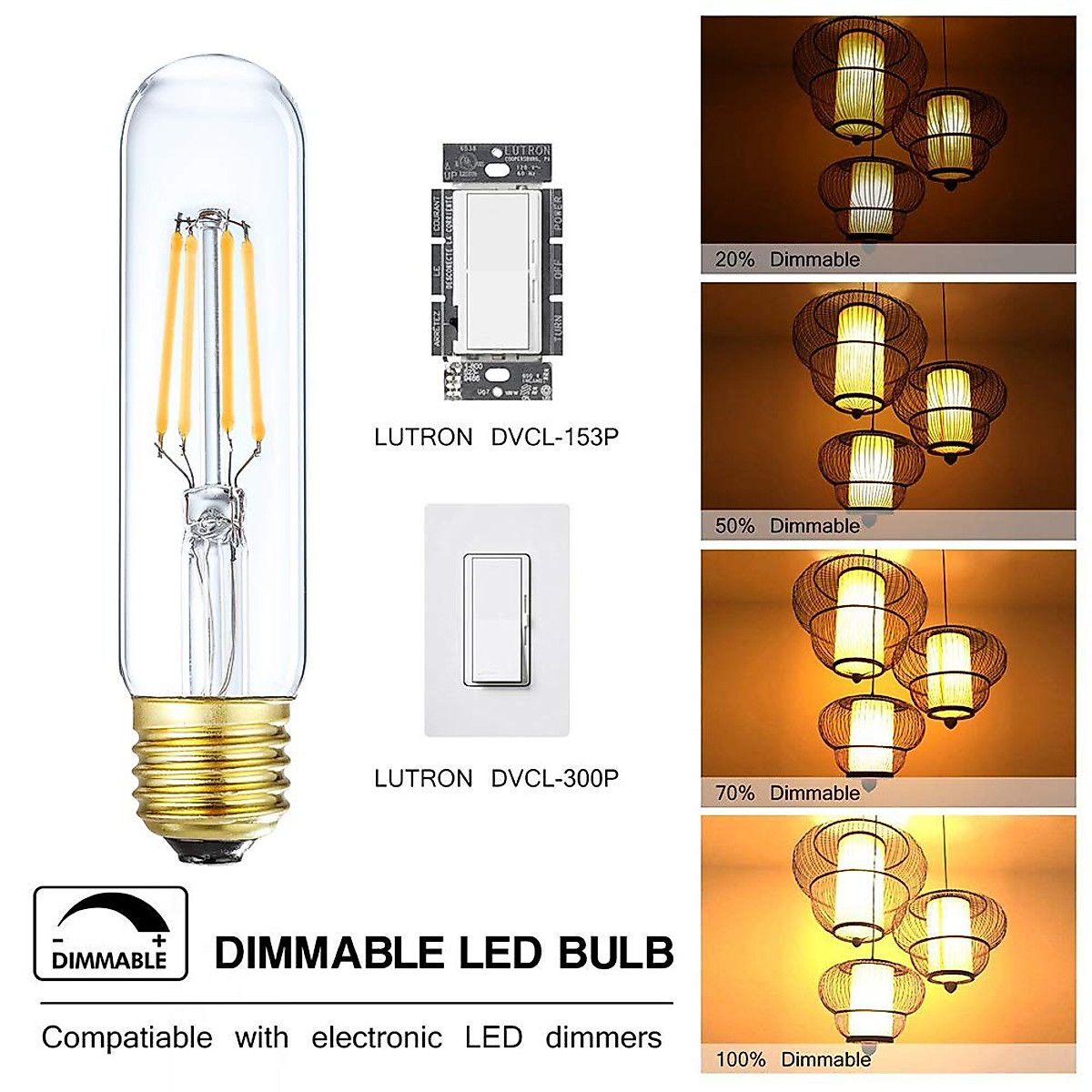 Leools Led Tube Bulb Glass 4W Dimmable Edison T10 Tubular Bulb,E26 Medium Base Filament Lamp 40 Watt Incandescent Bulb Equivalent 2700K Warm White,Clear Glass,No Flicker,3 Pack.