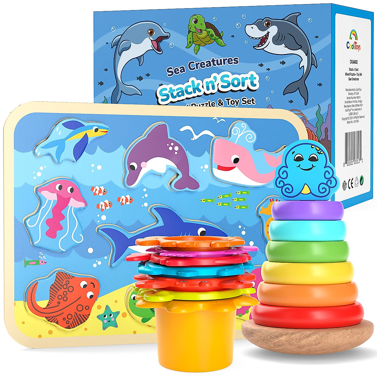 CoolToys Stack n’ Sort Toddler and Baby Learning Toys Set - 3 Fine Motor Skills Educational Toys for Toddlers, Wooden Stacking Rings, Stacking & Nesting Cups, Wooden Baby Puzzle, Ocean Theme