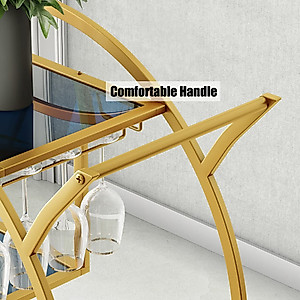 HEONITURE Bar Cart, Upgraded 3 Tier Gold Bar Serving Cart with Glass Holder and Wheels, Metal Handle Round Bar Carts for The Home, Kitchen, Living Room