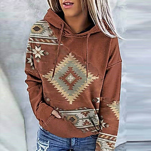 Borniu Womens Western Aztec Hoodies Drawstring Sweatshirt Pullover Ethnic Vintage Graphic Shirts Tops Fall Outfits