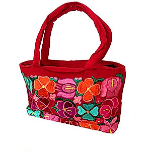 Mexican Embroidered Flowers Purse Medium 14"x10" (Red)