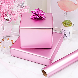 ZINTBIAL Metallic Pink Wrapping Paper Roll with Cut Lines - Solid Pink Holiday Gift Wrap for Halloween, Christmas, Birthdays, Baby Shower, Wedding - 17.5 in x 33 ft (48 sq. ft), Easy to Cut