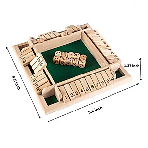AMEROUS 1-4 Players Shut The Box Dice Game,Classic 4 Sided Wooden Board Game with 10 Dice and Instructions for Kids Adults, Tabletop Version