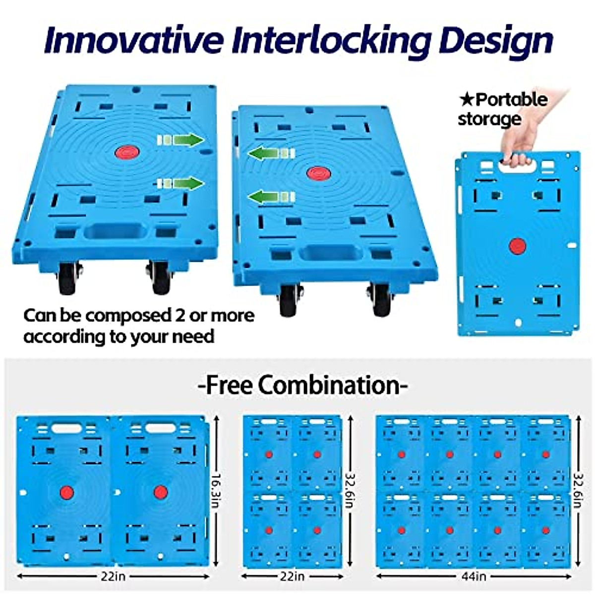 KURPHOYIN Furniture Moving Dolly with Wheels Heavy Duty Small Portable Floor Cart Interlocking Design Free Combination 2 Packs (Blue)