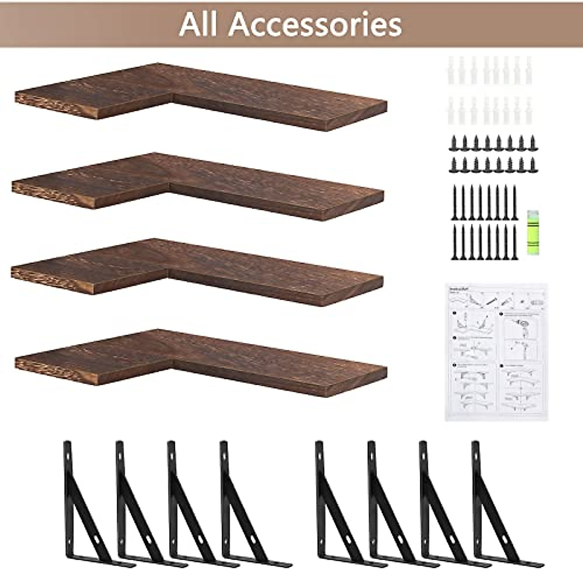 SEHERTIWY Corner Floating Shelves Wall Mounted Set of 4, Rustic Wood Wall Storage Shelves for Bedroom, Living Room, Bathroom, Kitchen, Office and More (Rustic Brown)