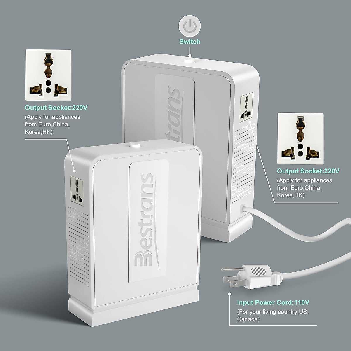 BESTRANS 1300W Step Up Voltage Converter 110V to 220V, Slim Power Voltage Transformer for 50/60 Hz Europe Asia Appliance Use in US Canada Mexico (Pearl White)