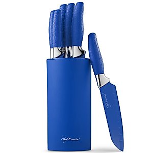 Carbon Knife Set with Block – 6-Piece Never-Dull Kitchen Knife Set – Meat, Veggie, Bread Knife Set – Nonstick Chef Knife Cooking Knives for Kitchen – Precise-Slice Carbon Steel by Chef Essential