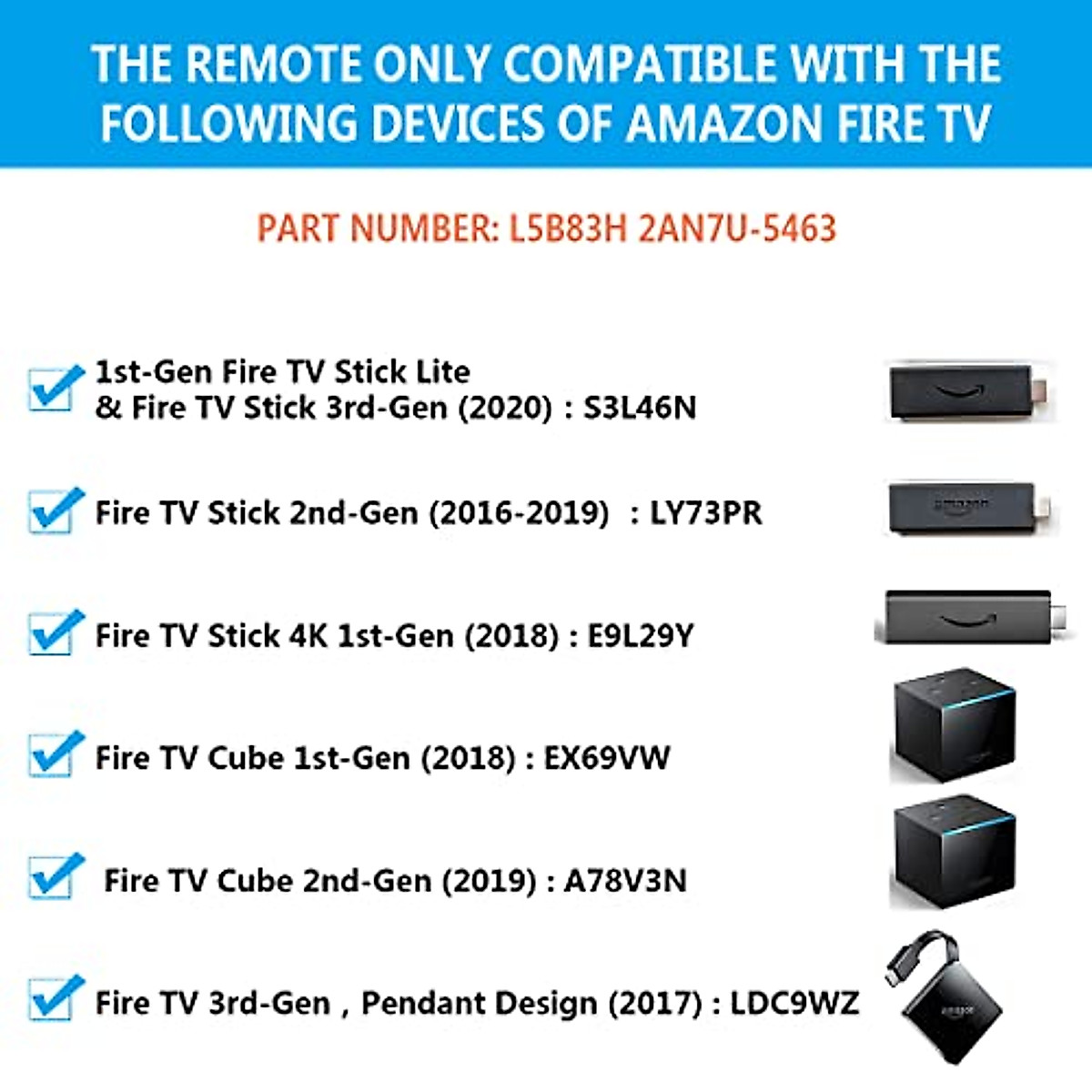 Replacement L5B83H 2AN7U-5463 Voice Remote for Amazon Fire TV Cube 1st-Gen EX69VW & 2nd-Gen A78V3N; Fire TV Stick 4K 1st-Gen E9L29Y 2nd-Gen LY73PR & 3rd-Gen S3L46N; Fire TV 3rd-Gen Pendant LDC9WZ