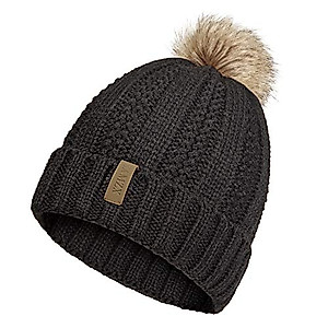 SAMZX Womens Winter Hat Thick Cable Knit Warm Beanie for Women with Faux Fur Pom Pom Hat Black
