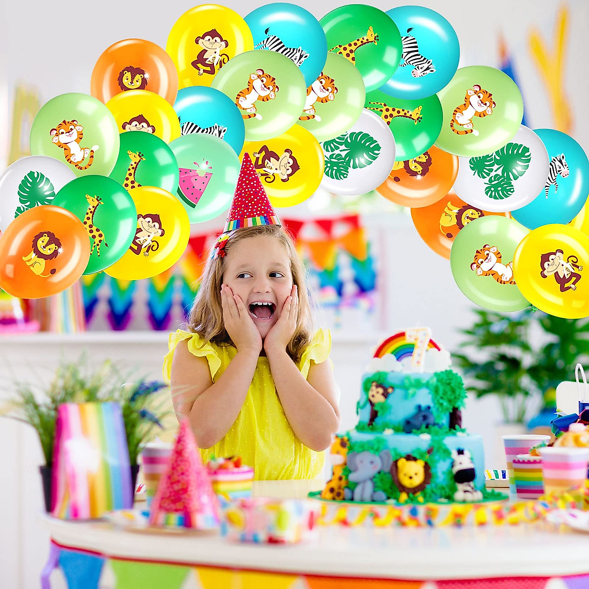 36 Pieces Jungle Safari Party Balloons Decoration Animal Palm Leaves Print Balloon Wild Animals Theme Party Decoration for Birthday Baby Shower Girl Boy Balloon Arch Garland Party Supplies, 12 Inches