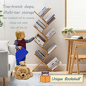 Bamboo Tree Bookshelf, 8-Tier Wood Bookcase, Free Standing Book Organizer Shelves, Books/Albums/Files Holder Display Storage Rack Space Saver for Living Room Bedroom-Log 55x23x5inch