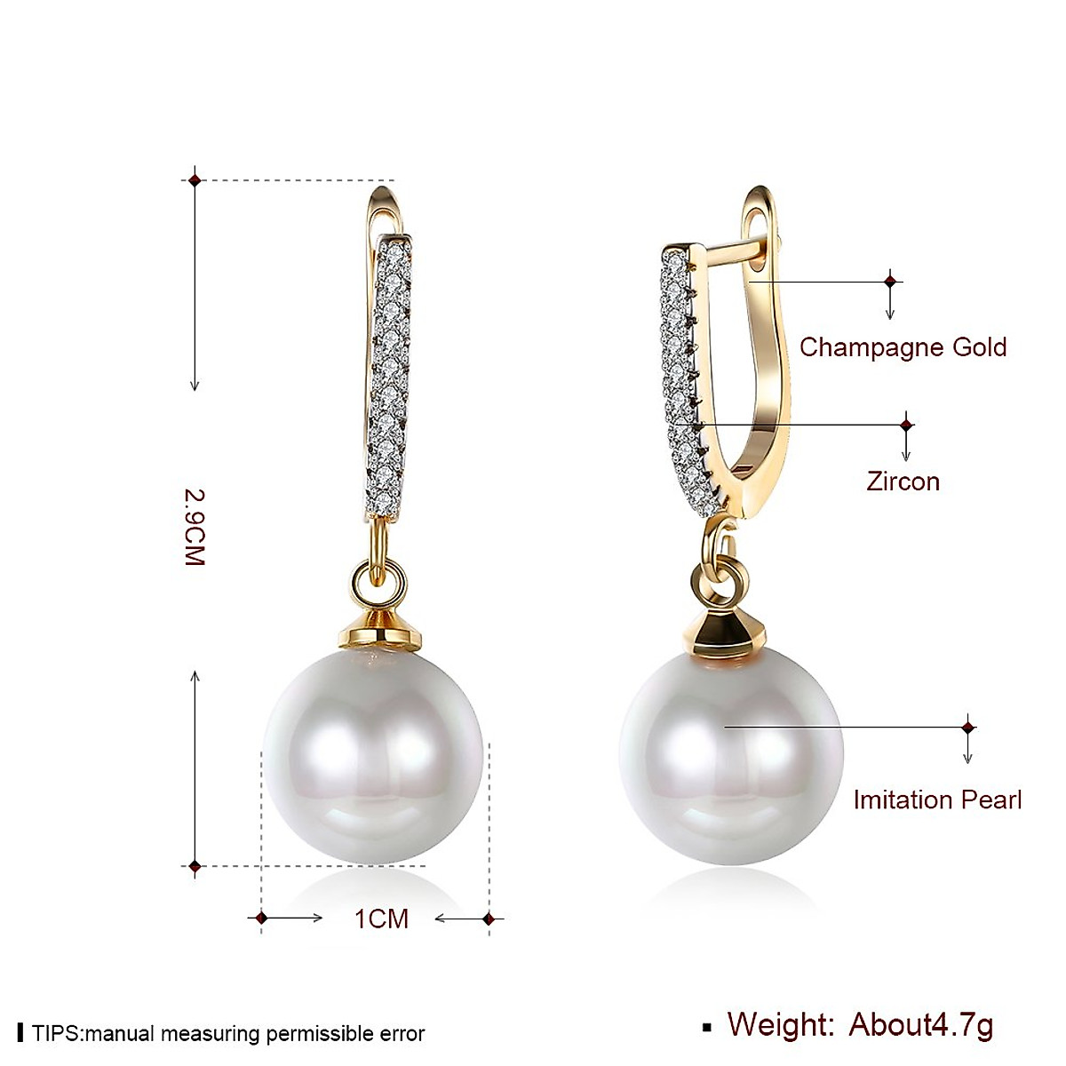 Elegant 18K Gold Plated Cubic Zirconia Pearl Drop Dangle Earrings Princess Cut CZ Diamond Crystal Small Hoop Earring For Women Huggie Hoops Hypoallergenic Dainty Delicate Fashion Jewelry Nice Gift Valentine's Day Bff Birthday 2 Pairs Set