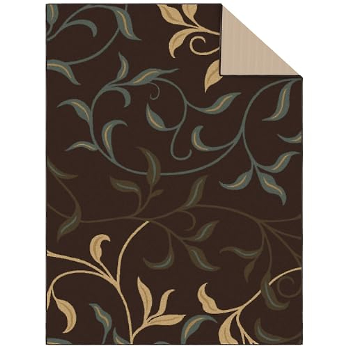 Machine Washable Leaves Design Non-Slip Rubberback 5x7 Traditional Area Rug for Living Room, Bedroom, Kitchen, 5' x 6'6", Brown