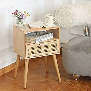 MaxSmeo Modern Nightstand Rattan Side Table with Storage, Farmhouse End Table for Living Room, Bedroom and Small Spaces, Accent Bedside Tables with Solid Wood Legs, Easy Assembly (Natural Walnut)