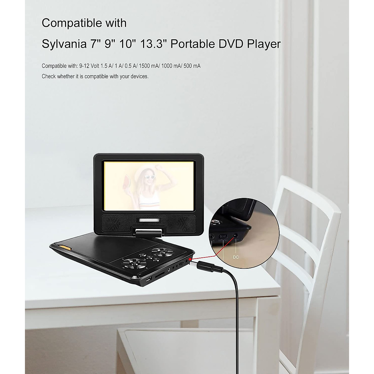 Lantisri 12V AC DC Adapter Compatible with Sylvania Portable DVD Player, fit for Sylvania 7" 9" 10" 13.3" Portable DVD Player Power Supply Cord with 6 ft