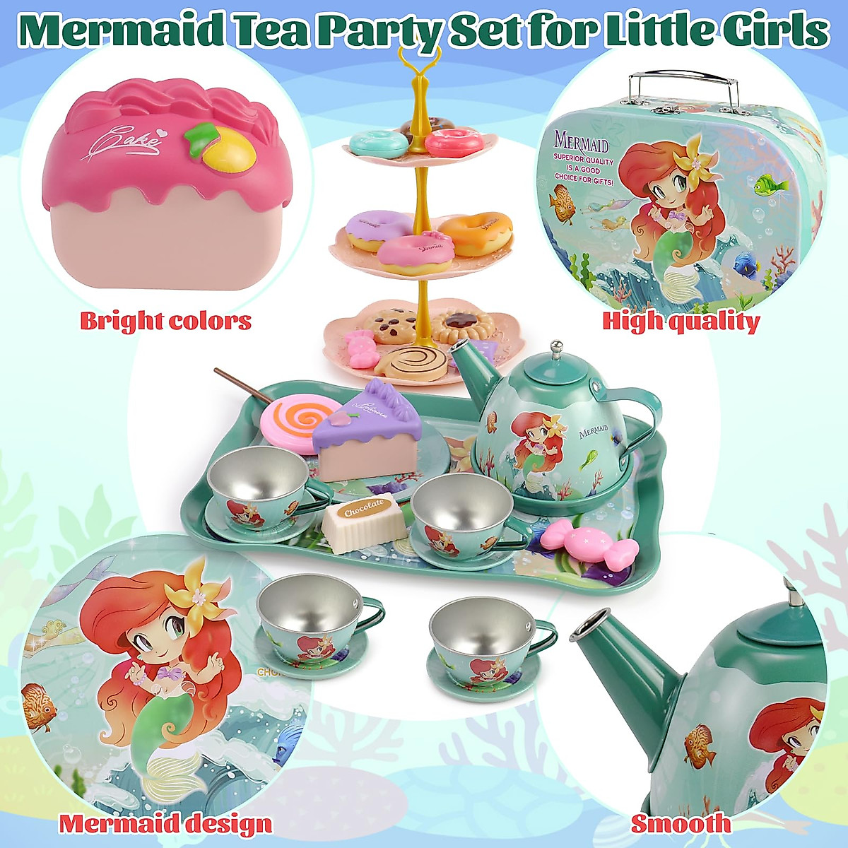 Motiloo 48 Pcs Mermaid Kids Tea Party Set with Carrying Case & Sweet Treats Playset - Pretend Toy Tin Tea Set for Little Girls - Princess Tea Time Pretend Play Tea Set Toys
