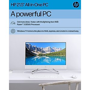 HP All-in-One PC Desk Computer, 21.5" Full HD Micro-Edge Display, AMD Ryzen 3 Processor, AMD Radeon Graphics, 8GB SDRAM, 256GB SSD, Windows11 Home OS, Bluetooth, and Wi-Fi (22-dd0032) (Renewed)