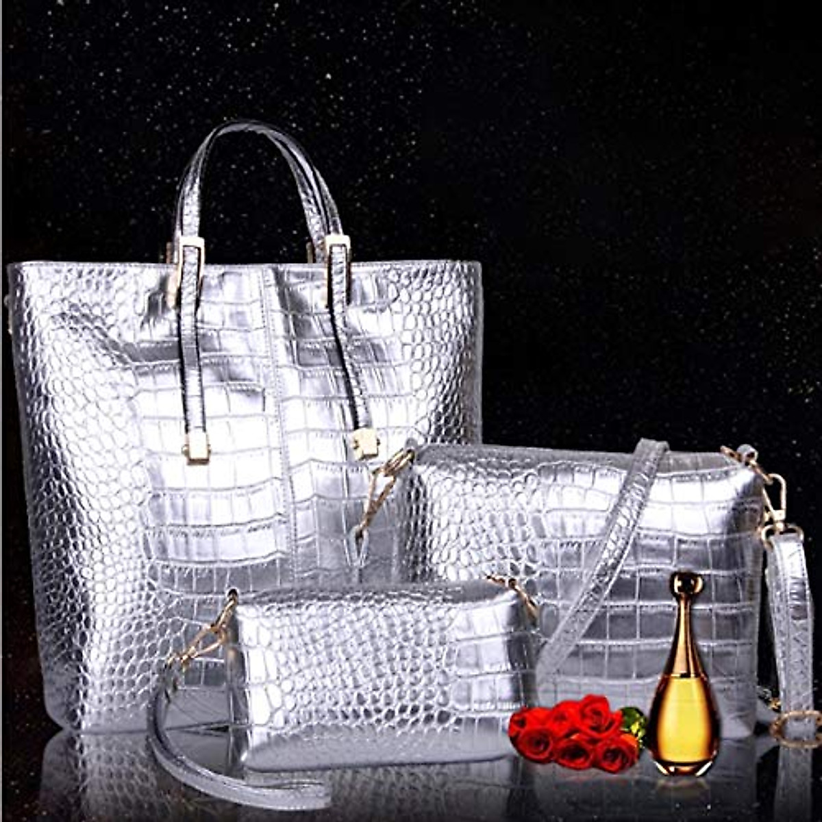 Women Stylish 3 Piece Bag Set,BBDI Alligator Pattern Lash Package PU Leather Shoulder Tote Purse Bag - Silver