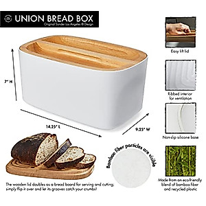 Sonder Los Angeles, Modern Bamboo Fiber (White) Bread Box for Kitchen Countertop with Reversible Wood Serving Lid, Homemade Bread Storage 14.25 x 9.25 x 7in, Storage Bin and Bread Container