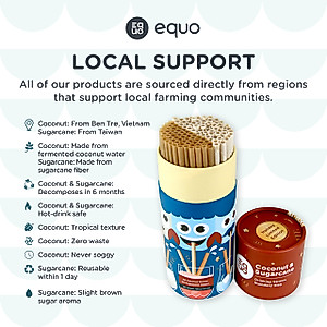 EQUO Limited Edition Coconut and Sugarcane Drinking Straws, Biodegradable and Plastic-Free, Combo Pack of 100, Standard