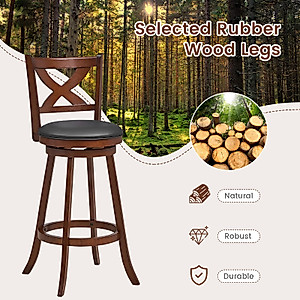 Giantex 30” Bar Stools Set of 2, 360° Swivel Counter Height Stools with Back, Solid Rubber Wood Frame, Leather Padded Seat, Vintage Upholstered Armless Farmhouse Barstools for Kitchen Island Home Bar