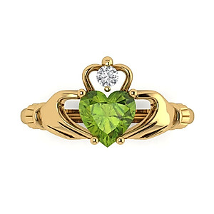 Clara Pucci 1.65 ct Heart Cut Irish Celtic Claddagh Solitaire W/Accent Real Peridot Bridal Wedding Statement Ring 18K Yellow Gold 10.25