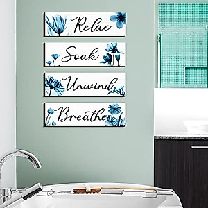 Maitys 4 Pieces Bathroom Wall Art Decor Relax Soak Unwind Breathe Elegant Tulip Rustic Farmhouse Bathroom Wood Hanging Sign Bathroom Wooden Wall Plaque for Home (Blue)