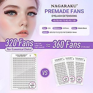 NAGARAKU Premade Fans Eyelash Extensions 320 Fans 6D Volume 0.07mm D curl 9-14mm Mix Tray Sharp Narrow Stem Clusters Thin Pointy Base Russian Pre Fanned Fluffy Matte Black