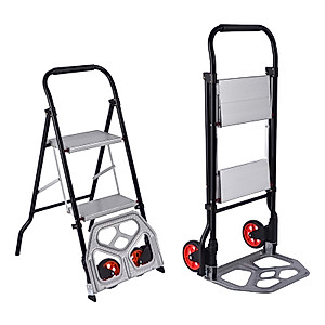 ExGizmo Aluminum Hand Truck,2 in 1 Folding Step Ladder,Portable Aluminum Ladder 551 LBS Load Capacity,Multifunction Collapsible Dolly Cart 220 LBS Load Capacity