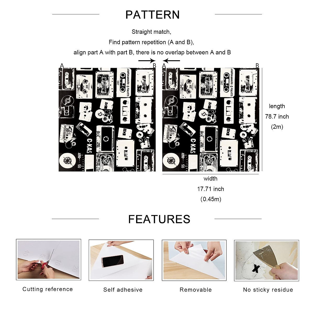 HelloWall 17.71"x78.7" Vintage Wallpaper Peel and Stick Vintage Black and White Wallpaper for Bathroom Waterproof Videotape Self Adhesive Wallpaper Roll Retro Removable Contact Paper Adorn Bookcase