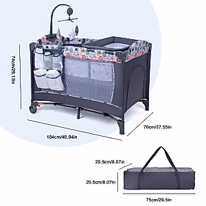 4-in-1 Pack and Play with Bassinet for Baby,Folding Crib,Travel Crib Diaper Changer with Mattress,Playard with Music Box,Multifunctional Baby Bed for Newborn,Infant,Toddler,Portable Baby Playpen