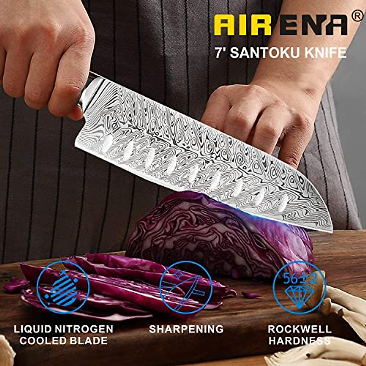 AIRENA Santoku Knife - 7" Japanese Style Kitchen Knife - X50CrMov15 German Steel Blade & Full Tang Ergonomic Pakkawood Handle - Best Value Ultra Sharp Cooking Chef Knife Giftbox