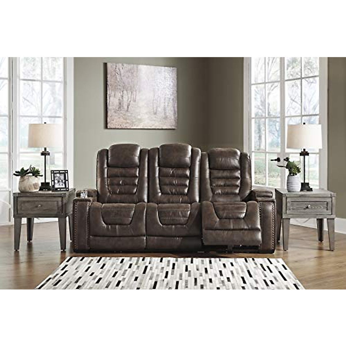 Signature Design by Ashley Game Zone Faux Leather Adjustable Power Reclining Sofa with Cup Holders and Storage, Brown