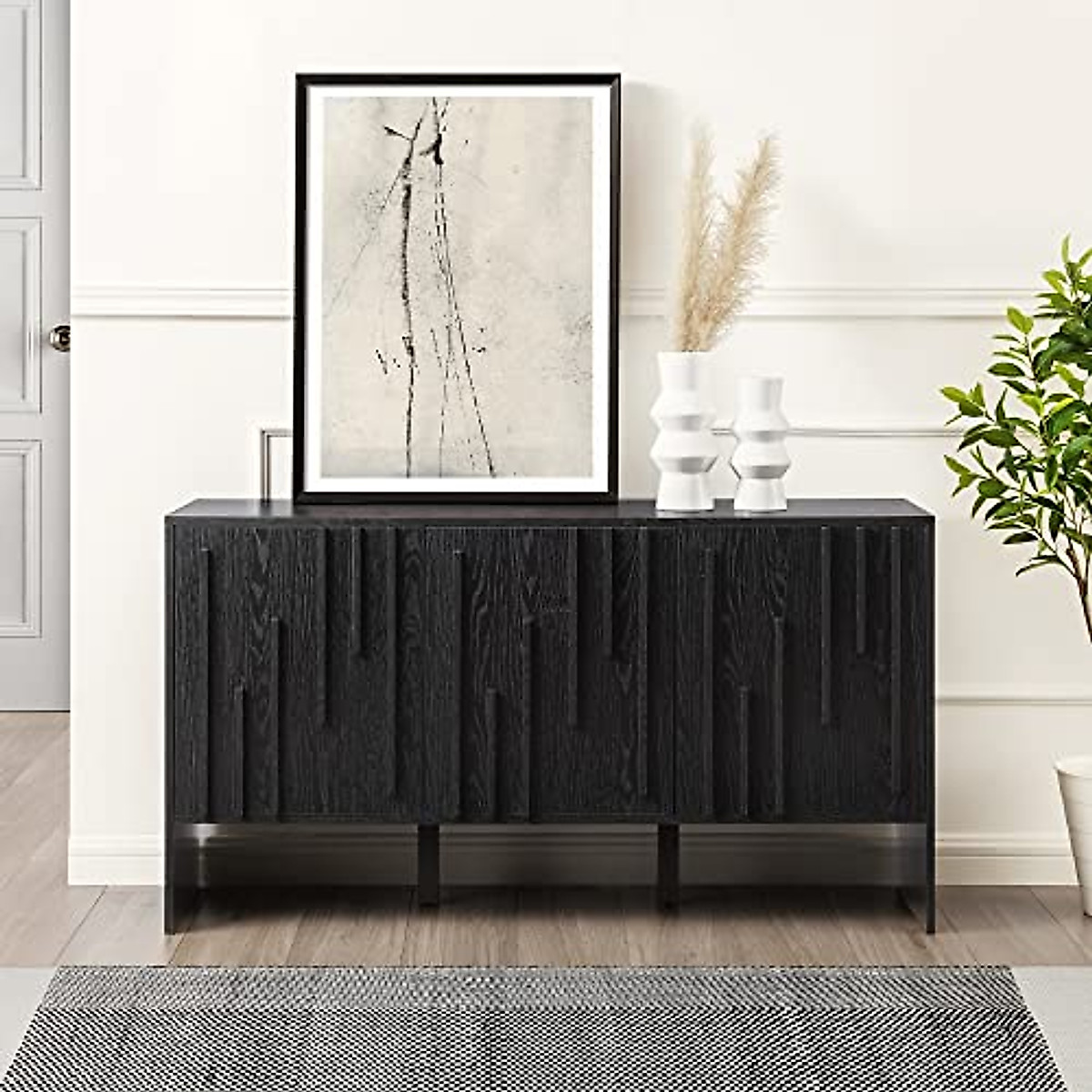 Walker Edison Contemporary Detailed 3-Door Dining Storage Sideboard, 55 Inch, Black