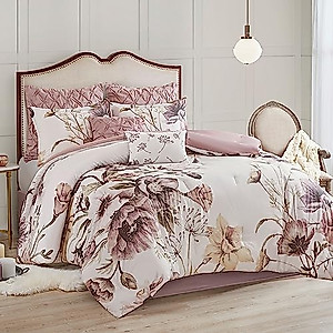 Madison Park Cassandra Cotton Blend Comforter Set - Feminine Design Colorful Floral Print, All Season Down Alternative Bedding Layer And Matching Shams, Queen, Blush 8 Piece
