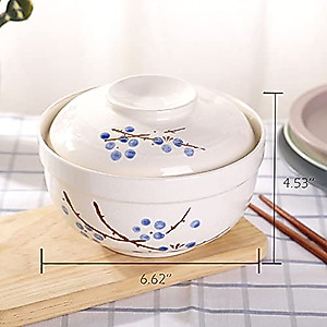 WHJY Japanese Creative Hand-painted Ceramic Tableware with Lid for Soup and Noodles, with Heat Preservation Function, Integrated Bowl and Lid - Blue Plum