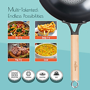 ChefSeason Carbon Steel Wok, 12.6" Round Bottom Wok Pan for Stir-Frying, Large Uncoated Nonstick Chinese Wok, Pre-Seasoned Deep Pow Wok for Gas Cooktops, Free Shopping Bag