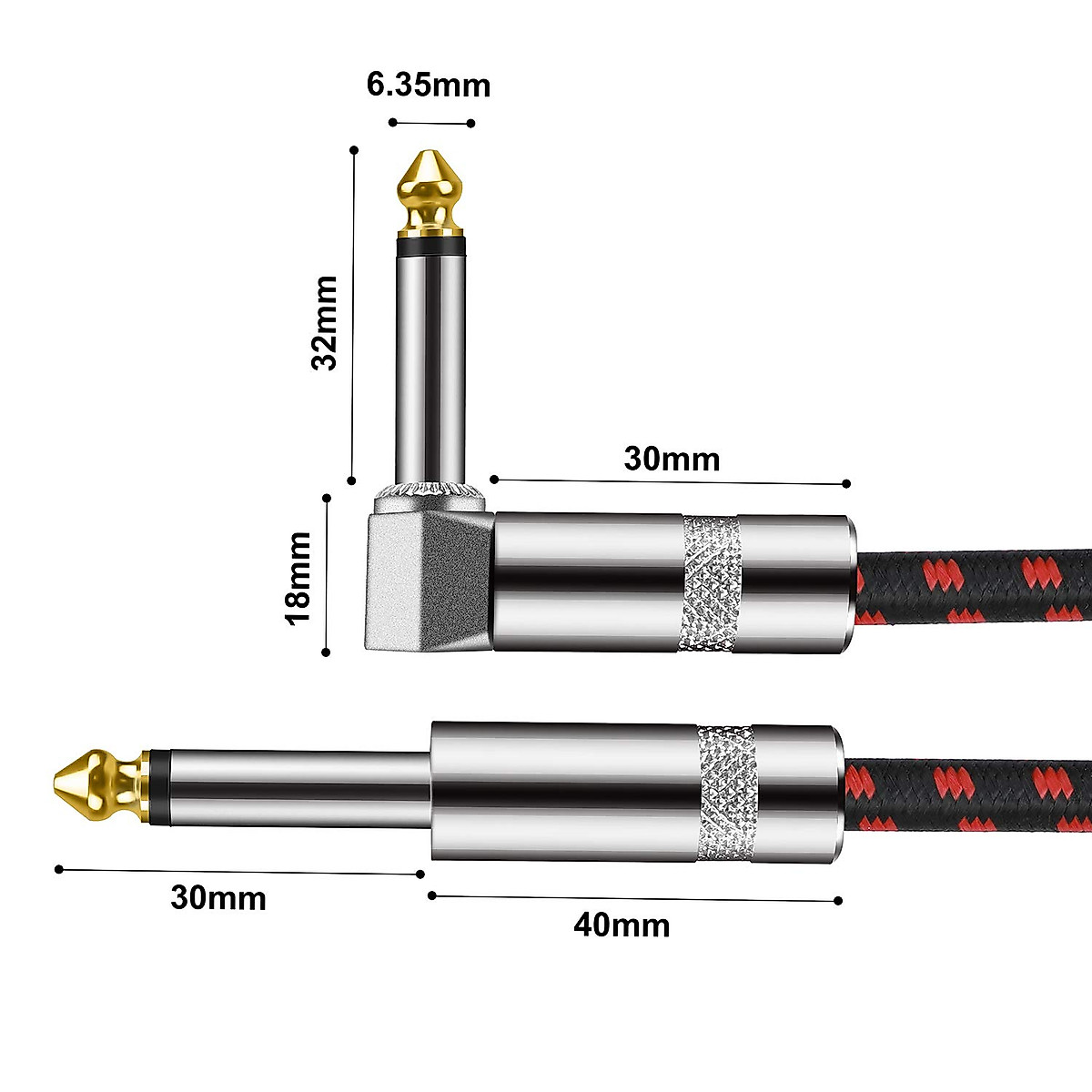 Guitar Instrument Cable 10 Foot 1/4 inch Straight to Right Angle Noise Reduction Audio Cord 6.35 mm for Electric Guitar Bass Keyboard Drum Speaker Microphone 2 Pack