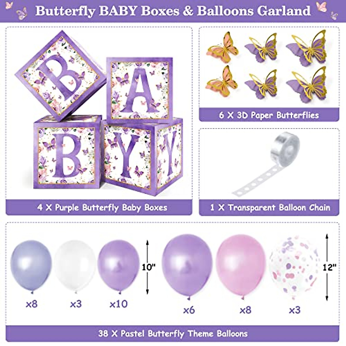 Levfla Purple Butterfly Baby Balloons Boxes Decorations, Baby Shower Backdrop Blocks for Girl, Gender Reveal Balloon Garlands with Butterflies Cutouts Floral, Pink Party Table Centerpiece Favor Ideas
