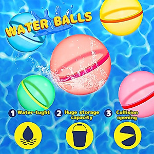 Reusable Water Balloons, Splash Water Bomb Balloons, Quick Fill Self Sealing, Magnetic Refillable Silicone Water Balloons for Kids Adults, Latex-Free Silicone Water Balloons, Pool Water Toys (6PCS)