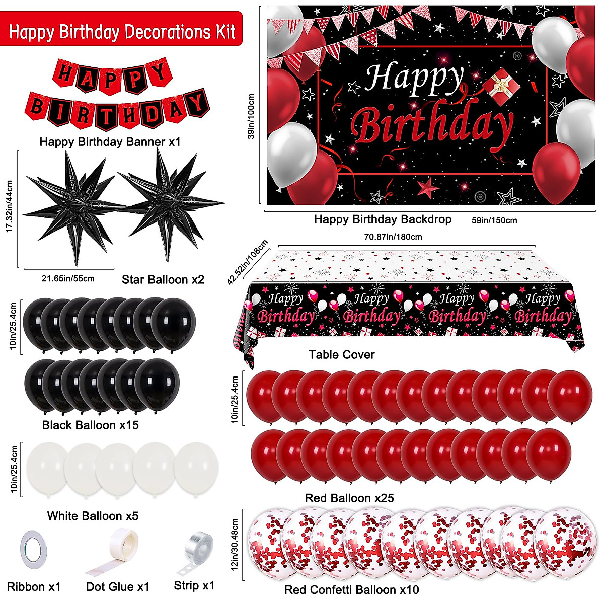 Red Birthday Decorations for Men Women Boys Girls, 75 PCS Red and Black Party Decorations Happy Birthday Backdrop Banner Party Supplies Confetti Star White Red and Black Balloons Arch Tablecloth