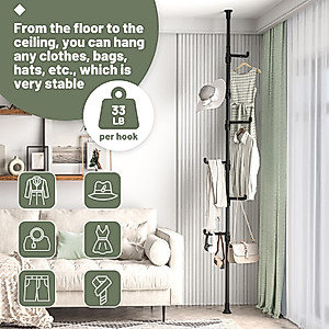 DYN Ptah Adjustable Coat Rack 65" to 116" with 6 Hooks, Freestanding Tension Rod Coat Hanger Floor to Ceiling, Heavy Duty Clothes Rack for Entryway, Living Room, Bedroom, Hanging Clothes, Hats, Bags