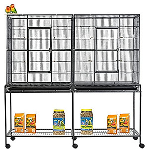 54" Large Double Breeding Flight Bird Wrought Iron Double Parrot Bird Cage Slide Out Center Divider Side Nesting Doors Cockatiel Conure Removalbe Rolling Stand
